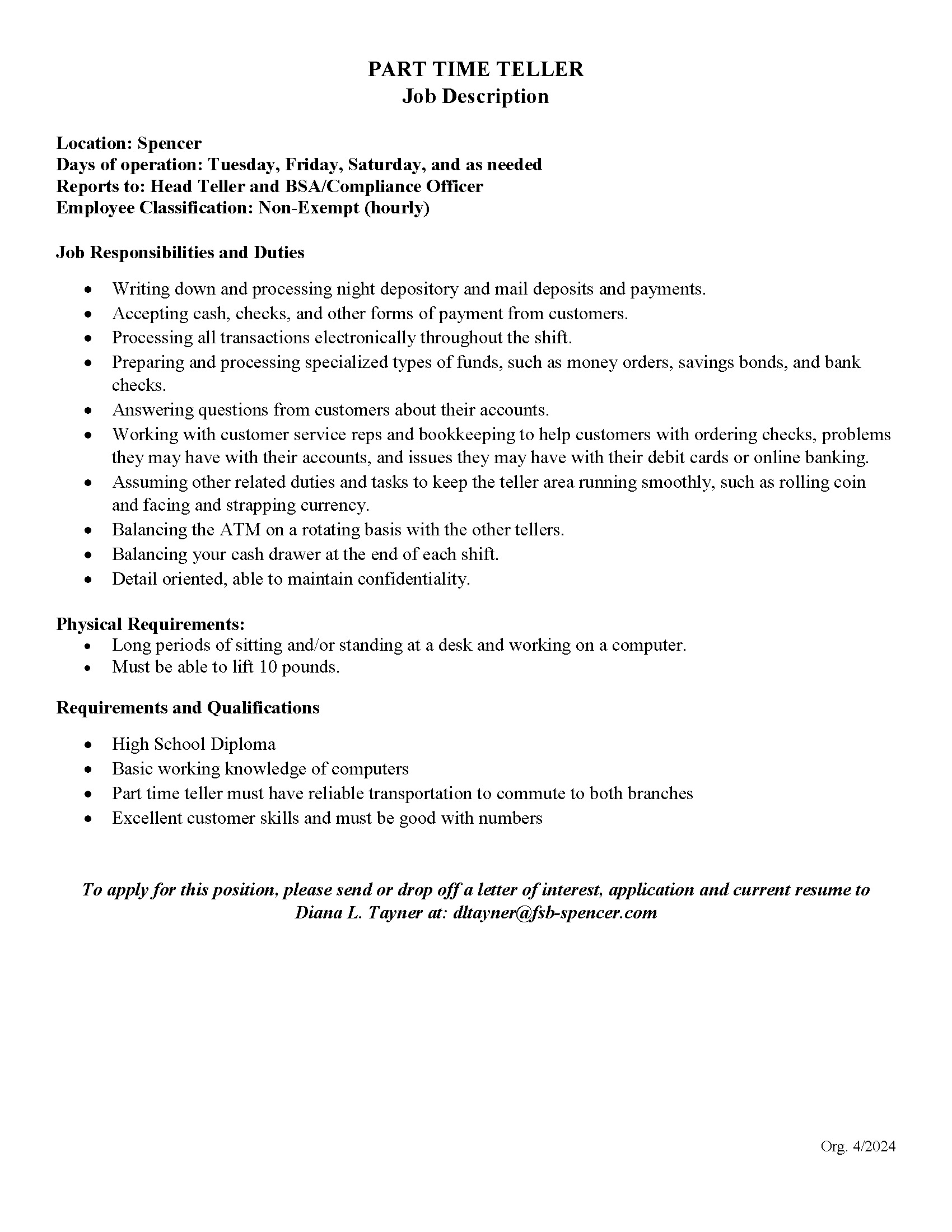 Job Opportunities | The Farmers Savings Bank